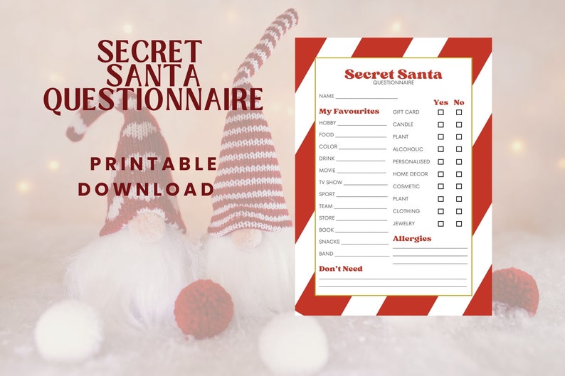 Secret Santa Printable Gift Questionnaire Work Party Gift List Gift ...