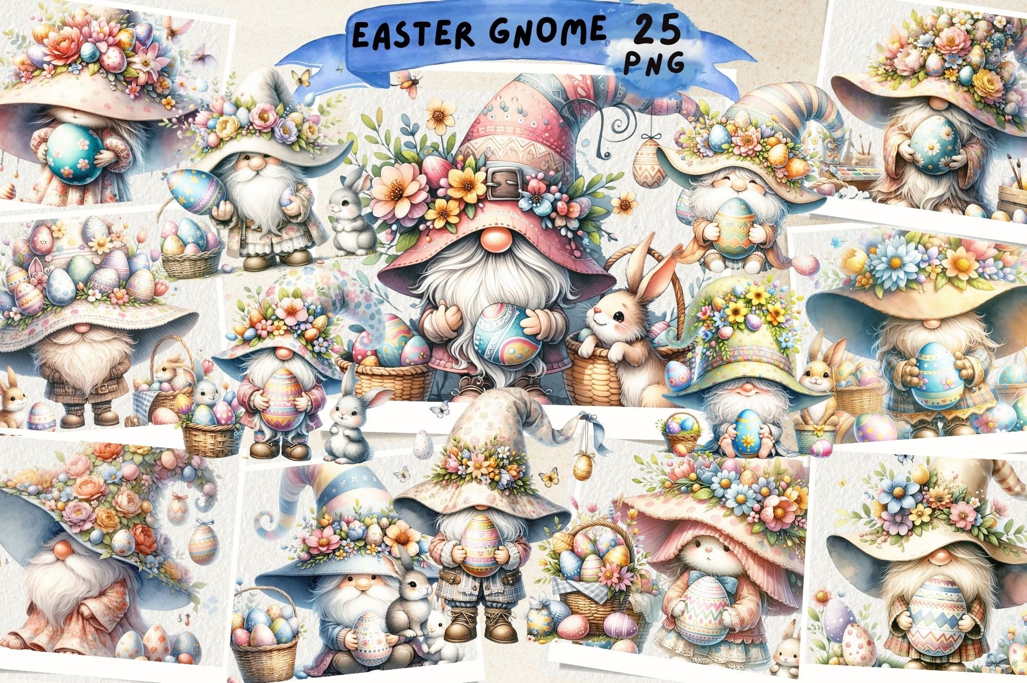 Watercolor Easter Gnome Clipart Bundle, Easter Eggs, Garden Clipart ...