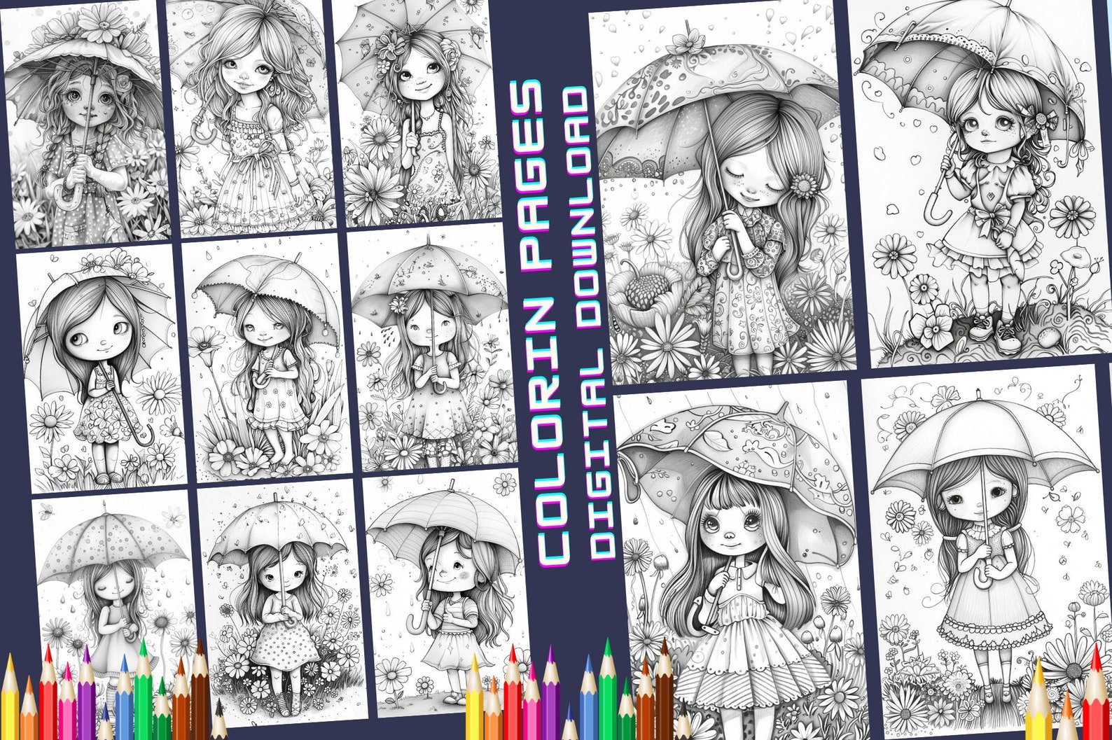 Little Girl With Umbrella Coloring Pages, Cute Flower Girl Holding an ...