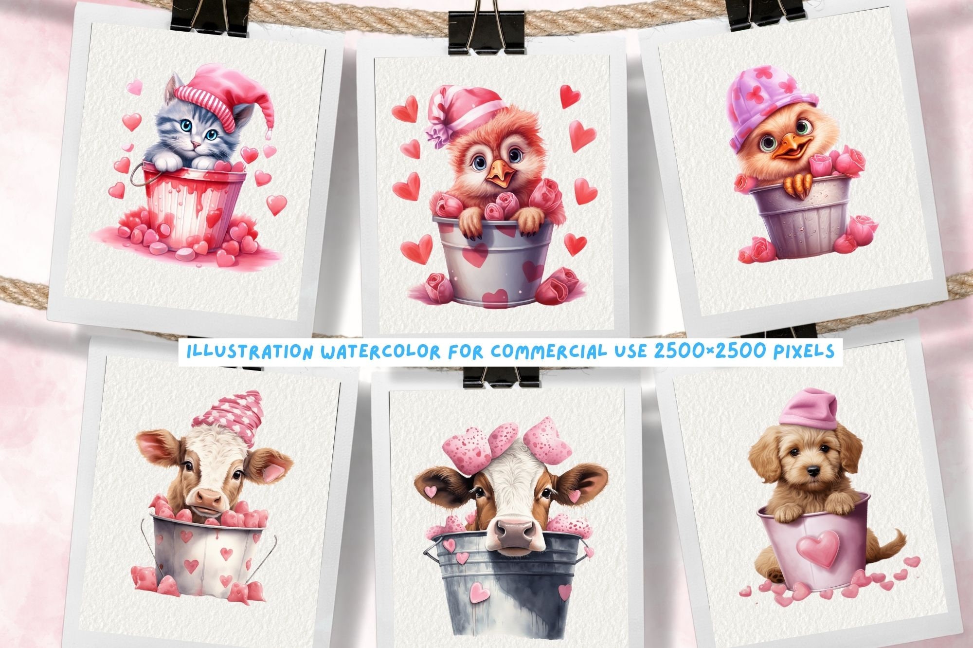 Valentine's Day Animals Clipart, Animal in Bucket, Romantic Animals ...