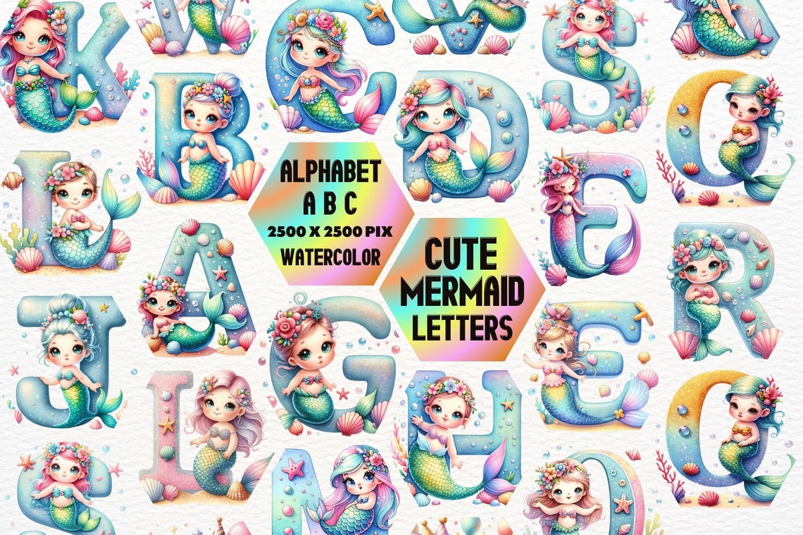 Mermaid Alphabet Clipart: Doodle Watercolor Letters (PNG) - Etsy