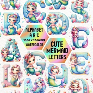 Mermaid Alphabet Clipart: Doodle Watercolor Letters (PNG) - Etsy