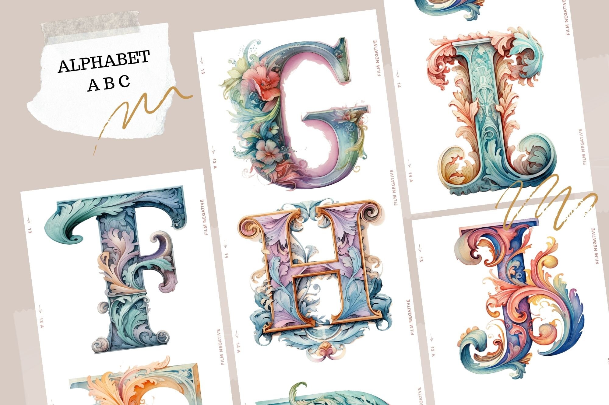Art Nouveau Pastel Clipart, Full English Alphabet, Mystical ...