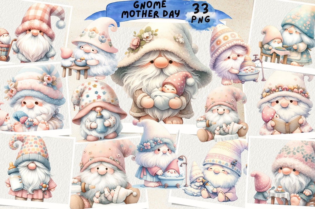 Mother's Day Gnome Watercolor Clipart: Mom & Baby PNG (digital Download ...