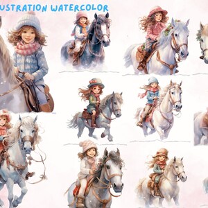 Little Girl Riding Horse Watercolor Clipart, Christmas Winter, Digital ...