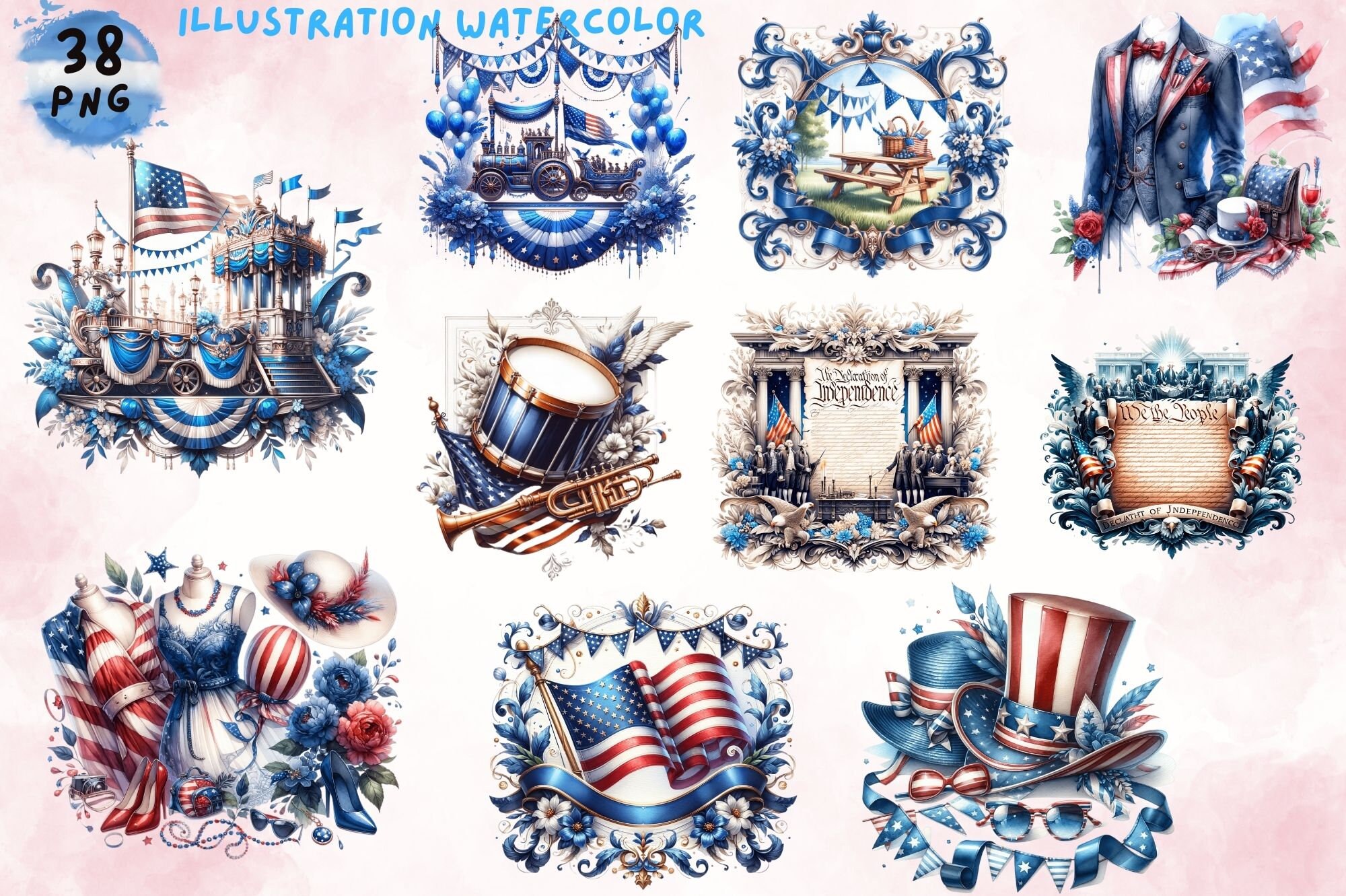 Patriotic Clipart Bundle, Watercolor American Flag, 4th of July PNG ...