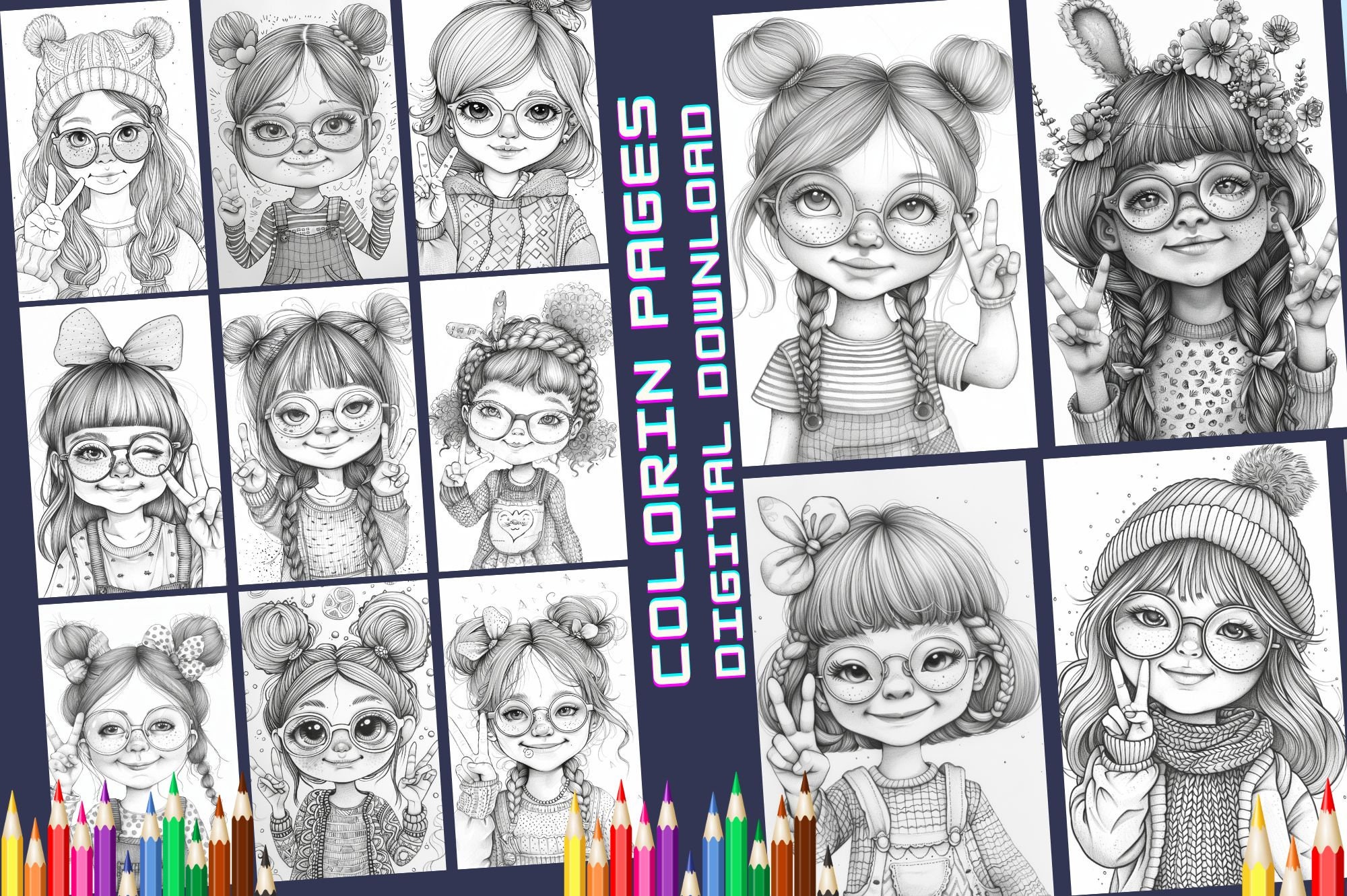 Girl Glasses Giving Peace Sign Coloring Pages, Cute Girls With Glasses ...