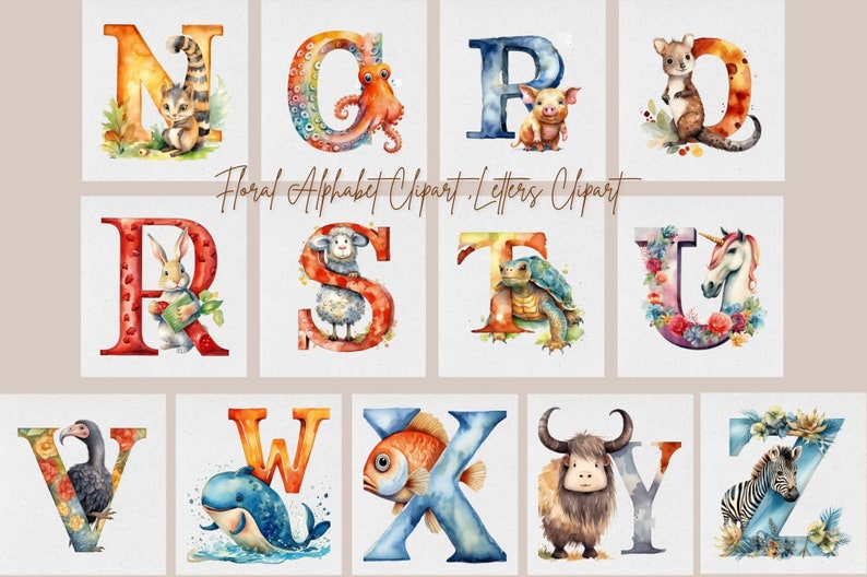 Cute Animal Alphabet Digital Watercolor Clipart Cute ABC - Etsy