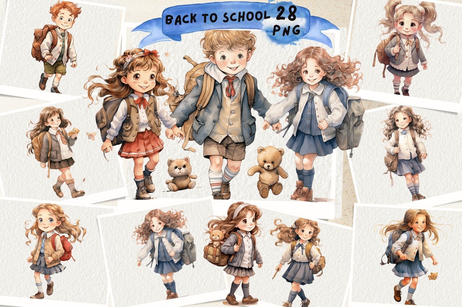 School Kids Watercolor Clipart, Children Back to School Clipart ...