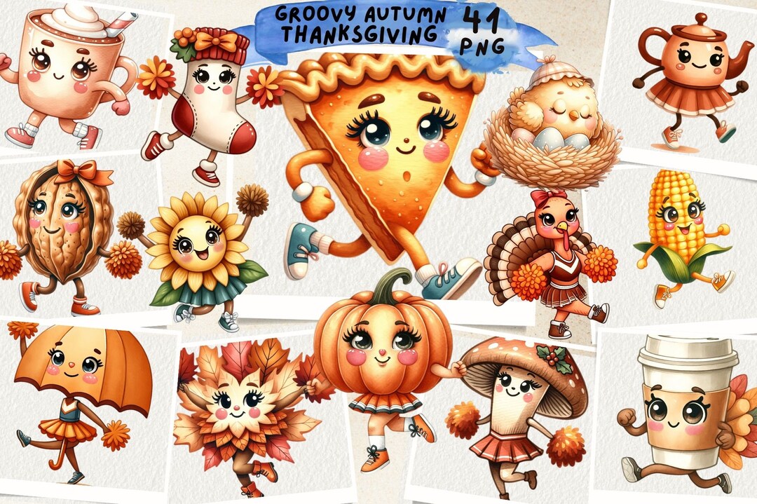 Groovy Thanksgiving Clipart, Retro Thanksgiving Clipart, Thanksgiving ...