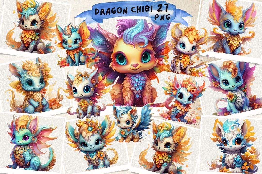 Chibi Dragons Watercolor Clipart, Fantasy Dragon Cliparts, Dragon ...
