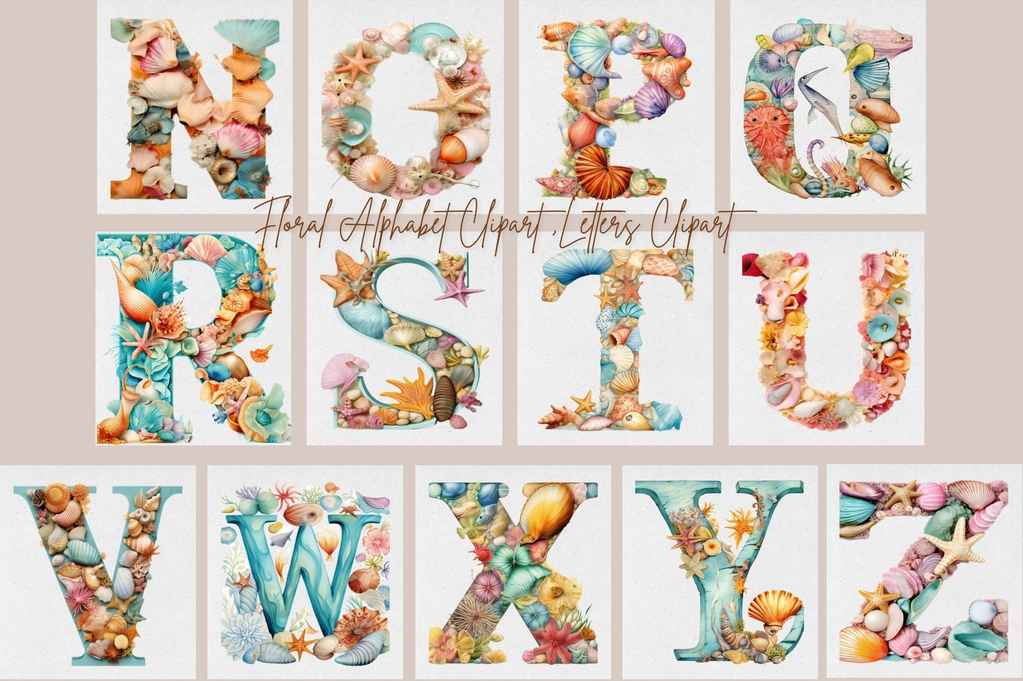 Corals and Shellfish Alphabet Clipart, Coral Reef Letters, Alphabet ...