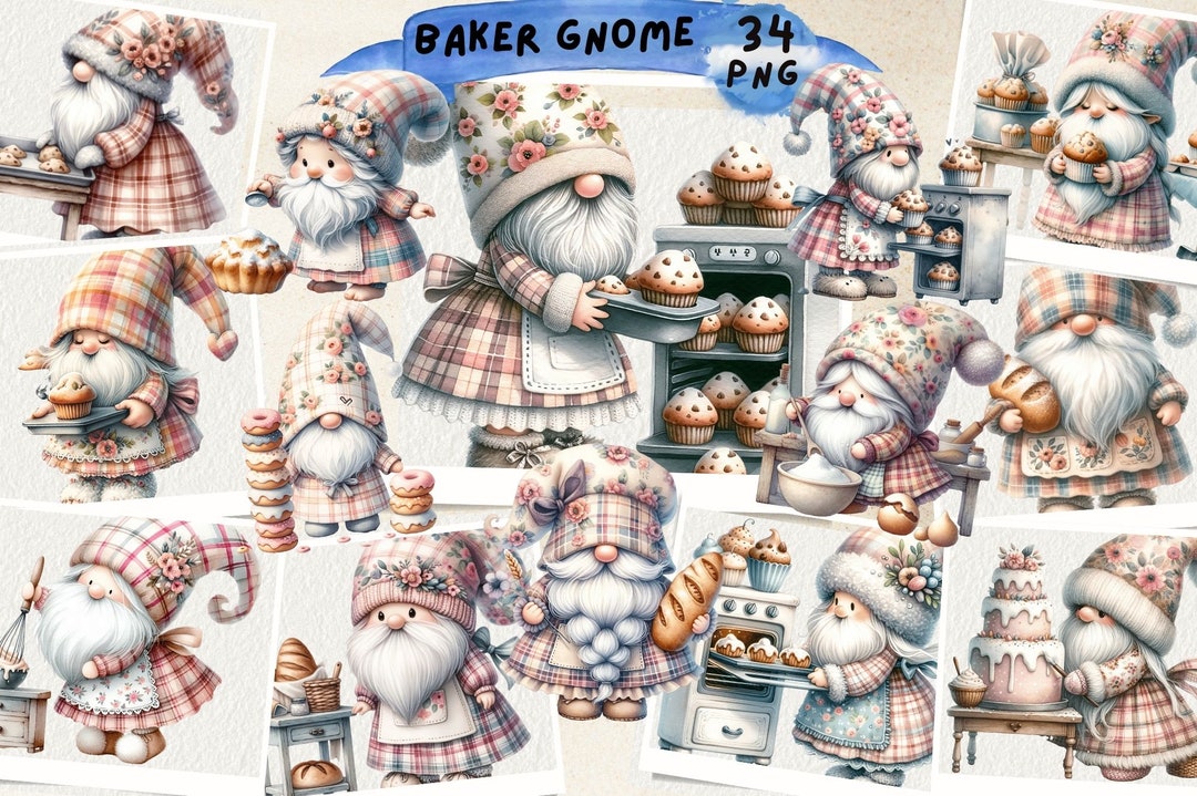 Baker Gnome Watercolor Clipart, Gnome Pastry Chef Clipart, Chef Gnome ...