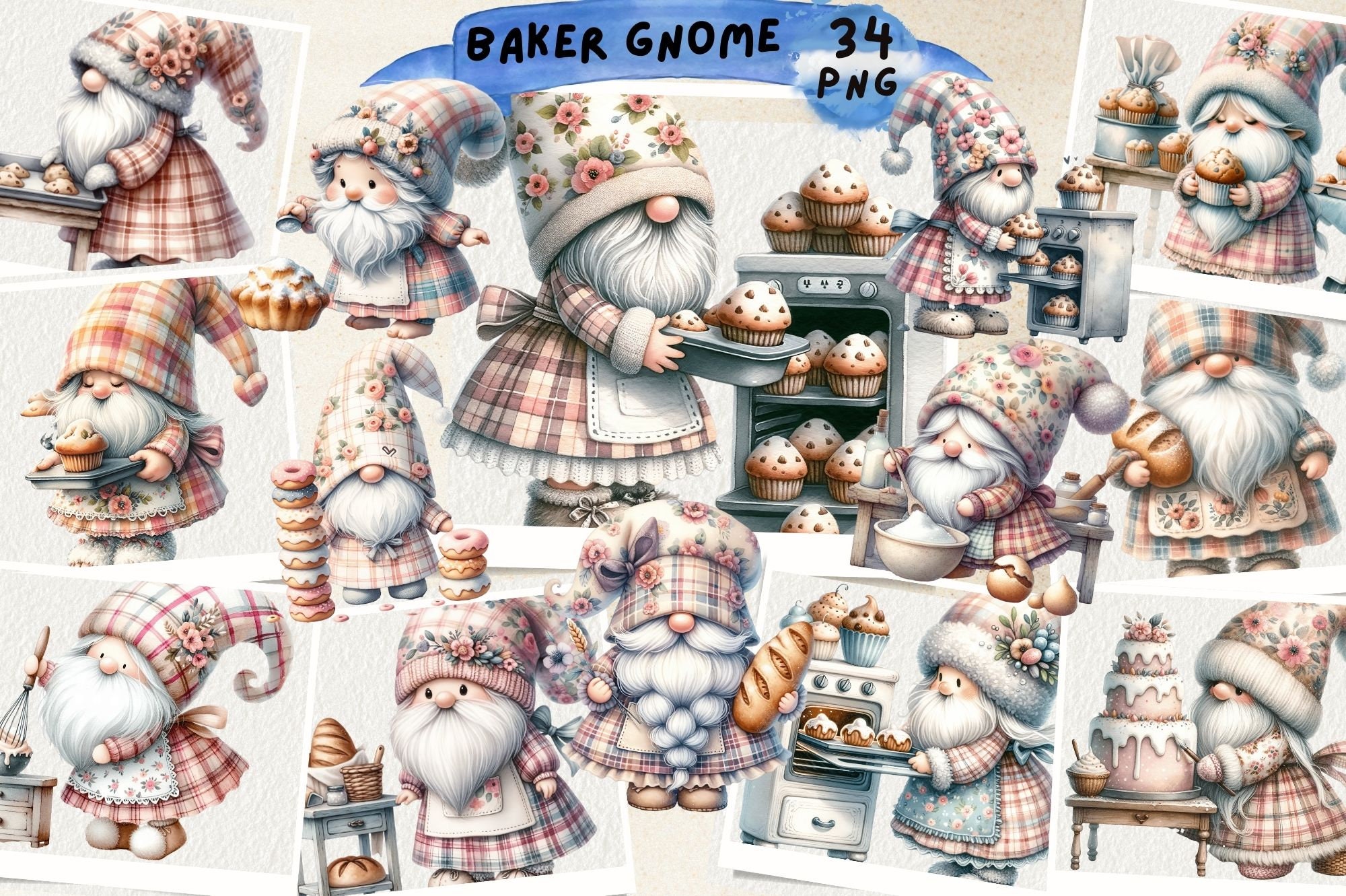 Baker Gnome Watercolor Clipart, Gnome Pastry Chef Clipart, Chef Gnome ...