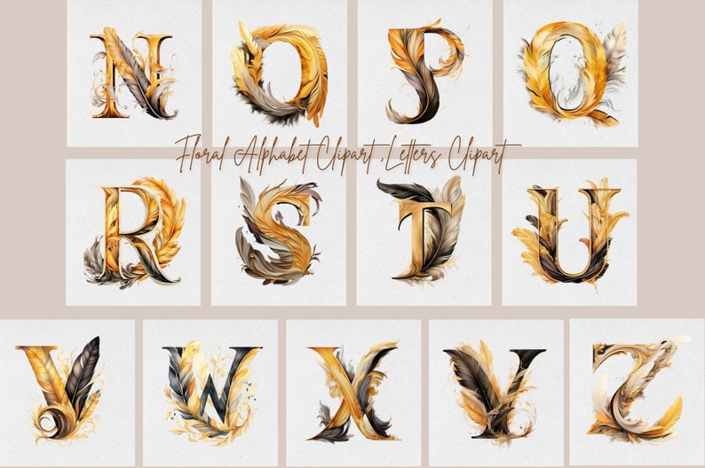 Golden Feather Alphabet Clipart , Gold and Silver Feathers Alphabet ...