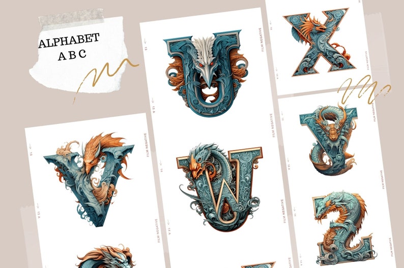 Dragon Art Letters Clipart iluminado, Dragón de fantasía, Alfabeto ...