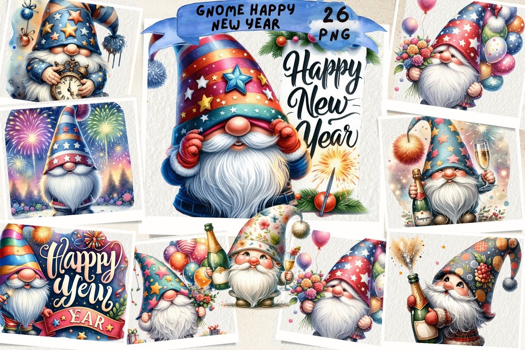 Watercolor New Year Gnomes Collection Clipart, Holiday Gnomes Clipart ...