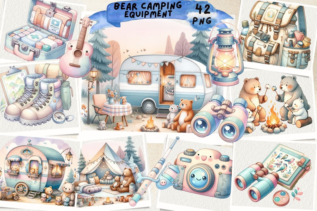Bear Camping Watercolor Clipart, Tent Tree Outdoors, Forest, Summer ...