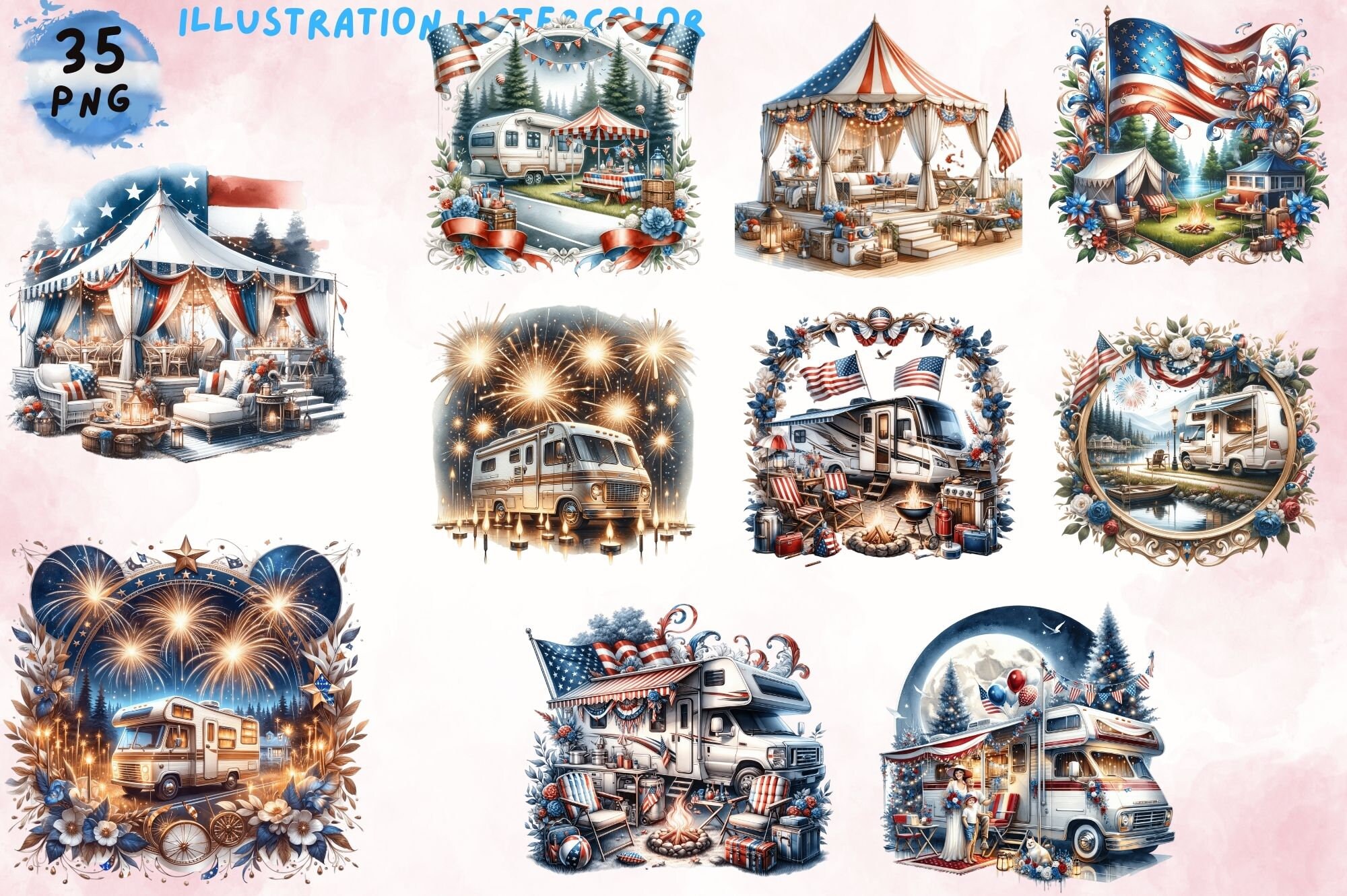 Camper Trailer Patriotic Clipart Bundle, Camper American Flag, 4th of ...