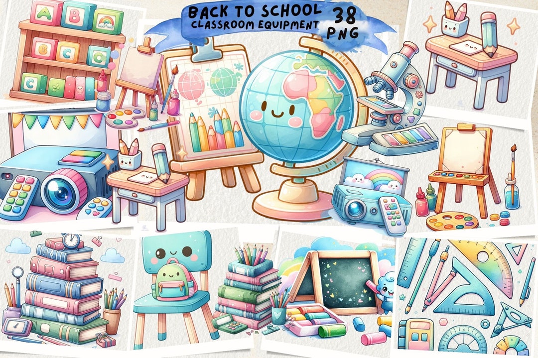 Watercolor School Clipart: Teacher & Classroom Supplies (PNG) - Etsy