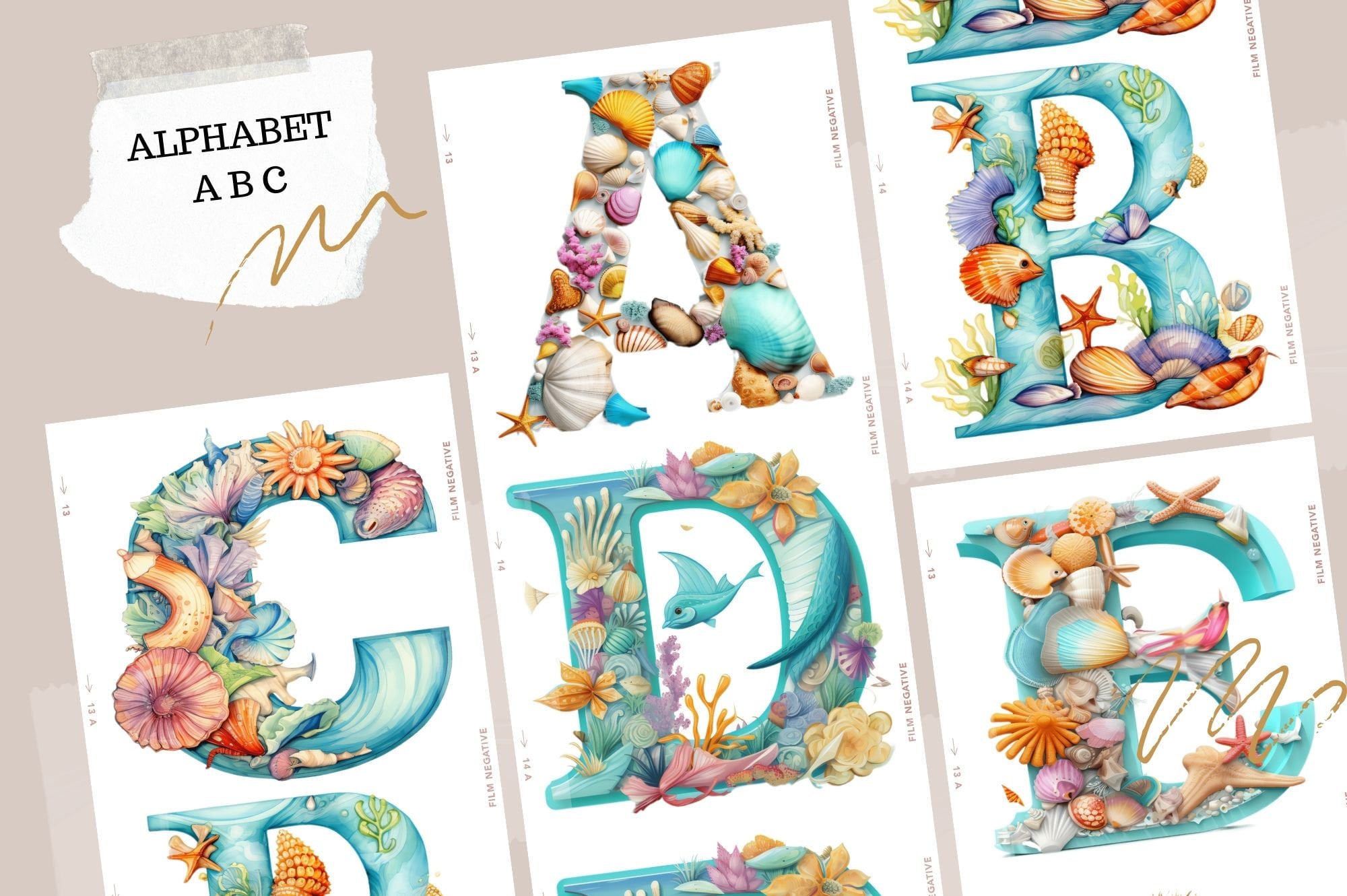 Corals and Shellfish Alphabet Clipart, Coral Reef Letters, Alphabet ...