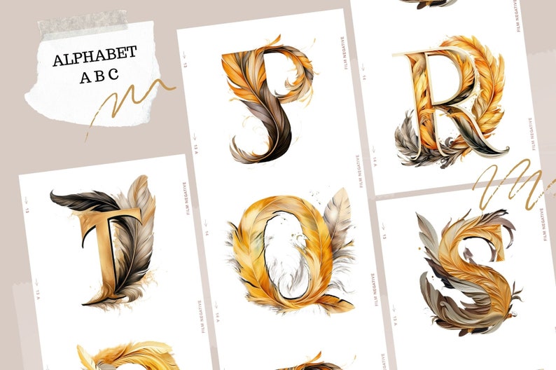 Golden Feather Alphabet Clipart , Gold and Silver Feathers Alphabet ...