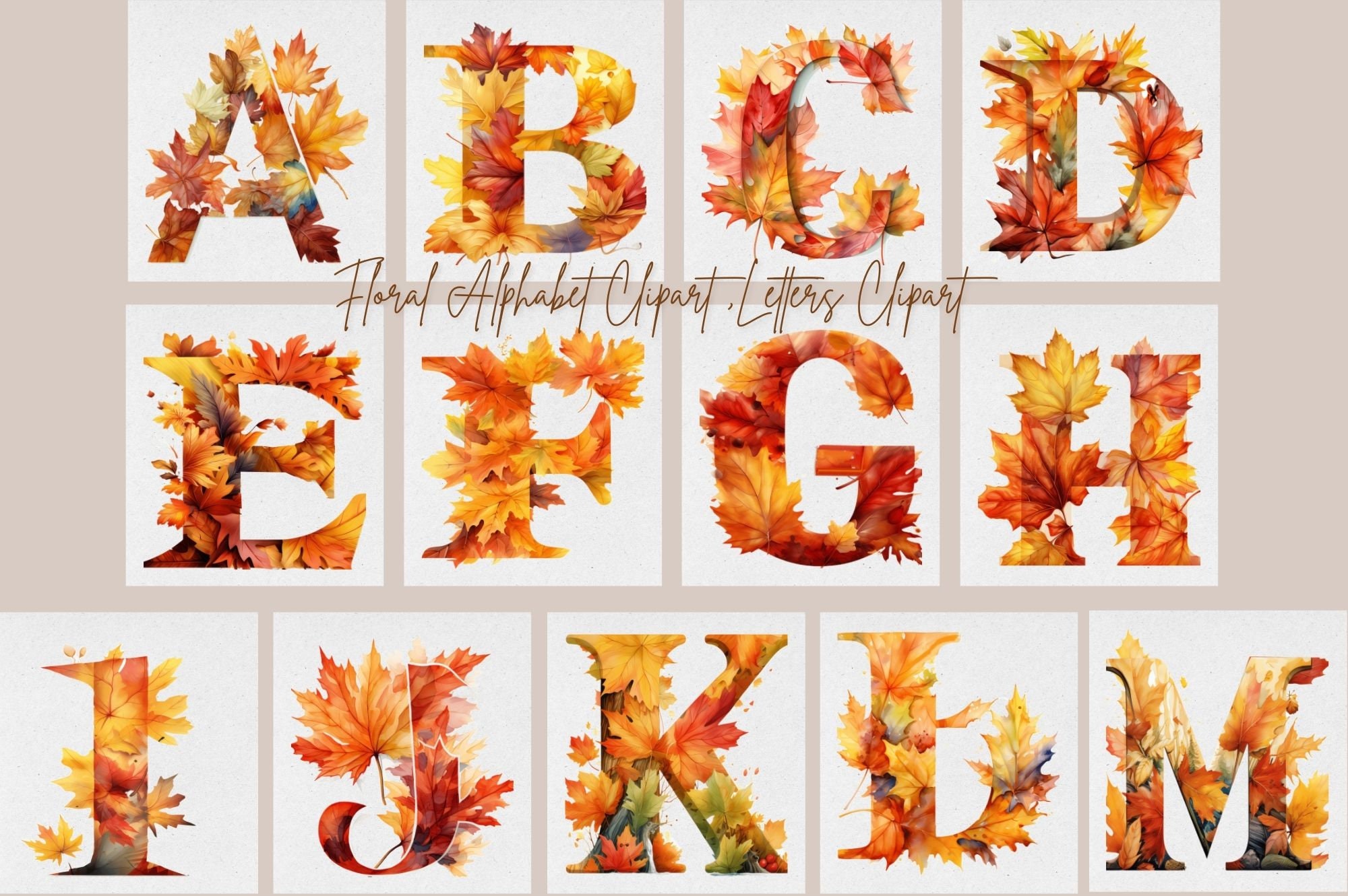 Fall Alphabet Watercolor Clipart, Floral Autumn Letters Illustrations ...