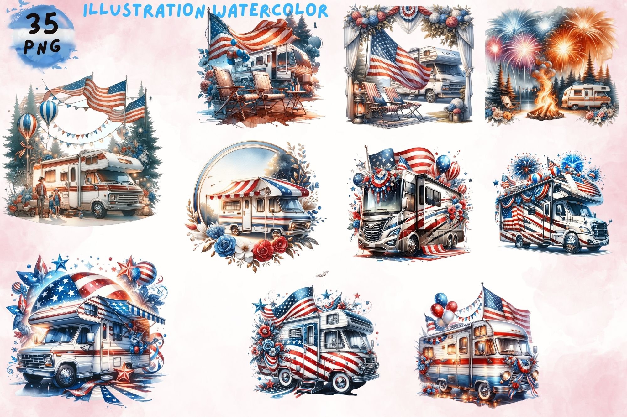 Camper Trailer Patriotic Clipart Bundle, Camper American Flag, 4th of ...