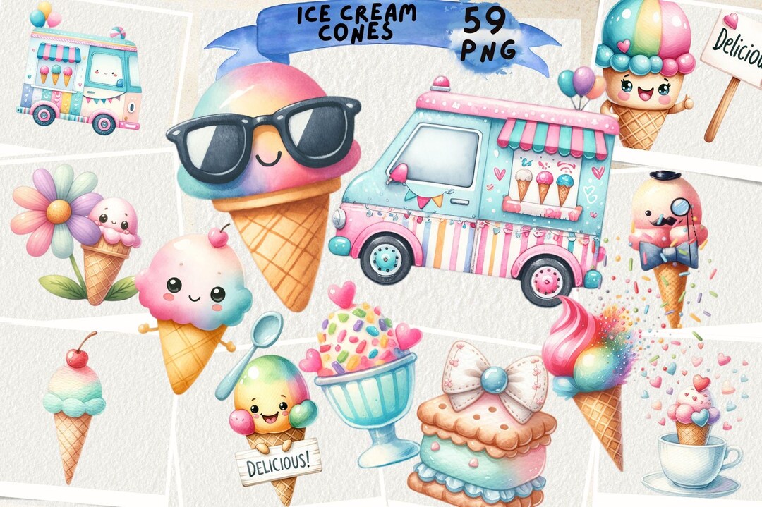 Kawaii Cute Ice Cream Clipart, Pastel Watercolor Ice Cream Cones ...