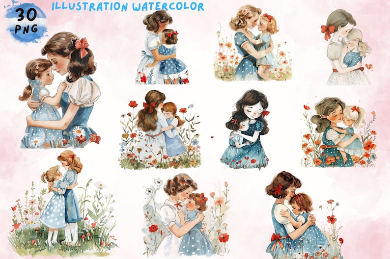 Mother's Day Clipart, Mother and Daughter Print, Printable Watercolor ...