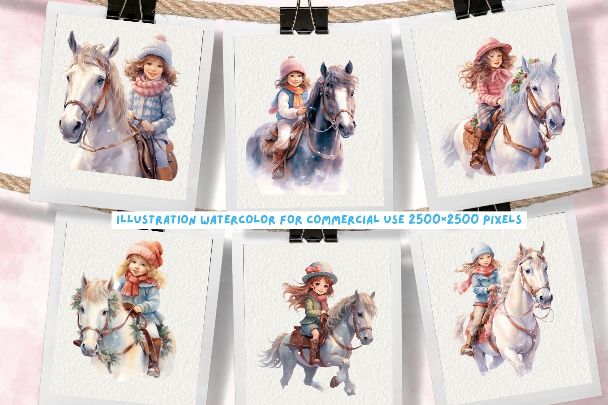 Little Girl Riding Horse Watercolor Clipart, Christmas Winter, Digital ...