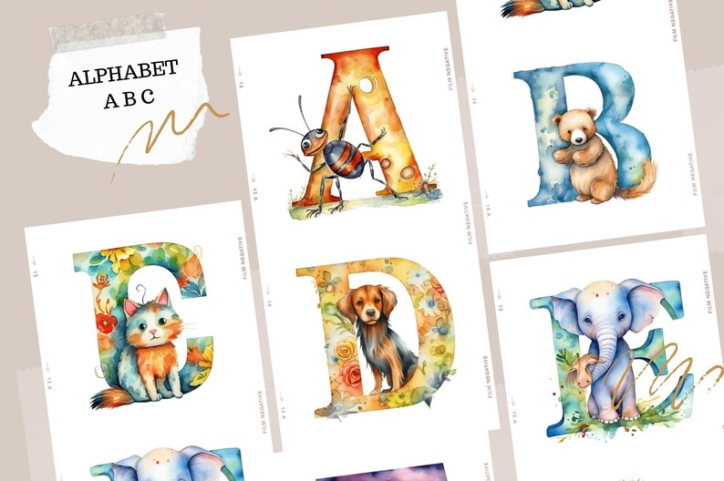 Cute Animal Alphabet Digital Watercolor Clipart Cute ABC - Etsy