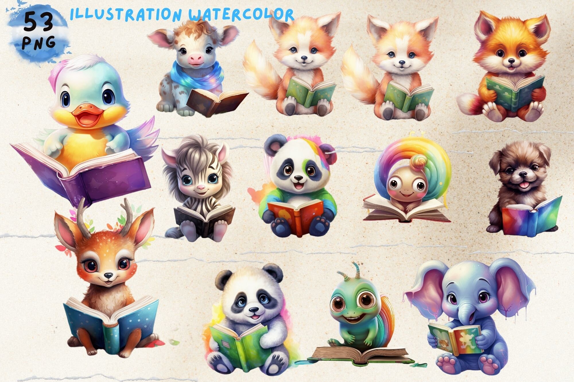 Cute Animals Reading Book Watercolor Clipart, Booklover Animals, Card ...