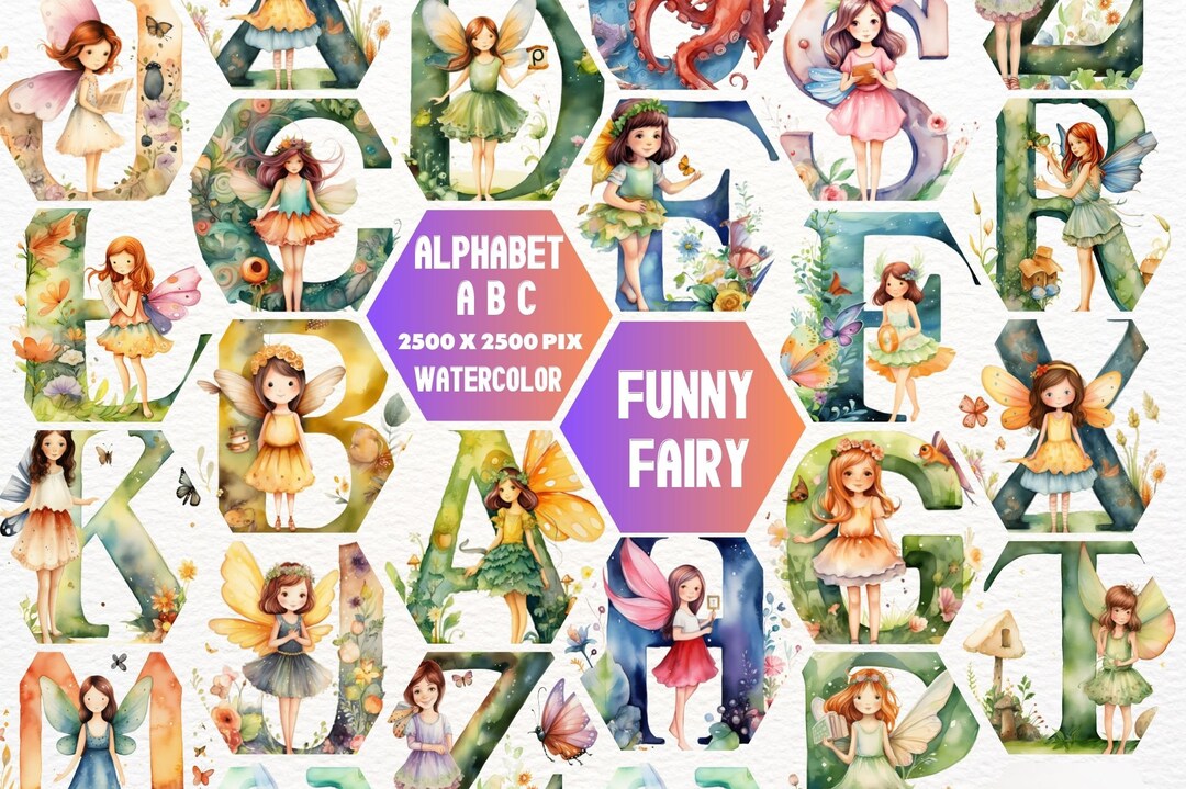 ABC Magical Fairy Watercolor Clipart, Alphabet, Letters, a to Z, Card ...