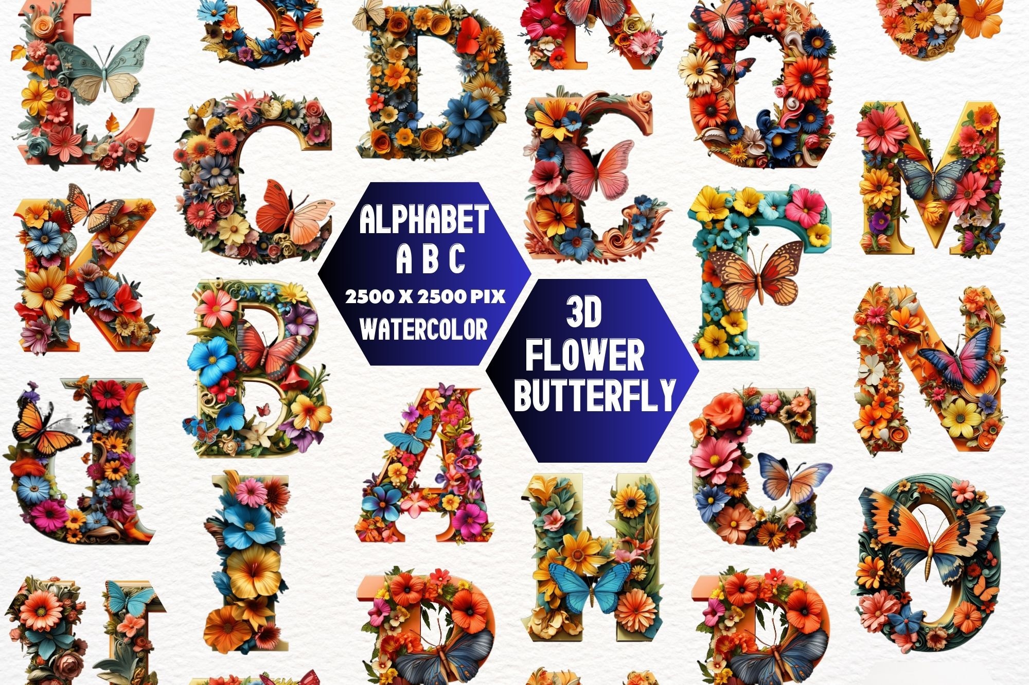 3D Flowers Alphabet Letters Butterfly Alphabet Cliparts - Etsy