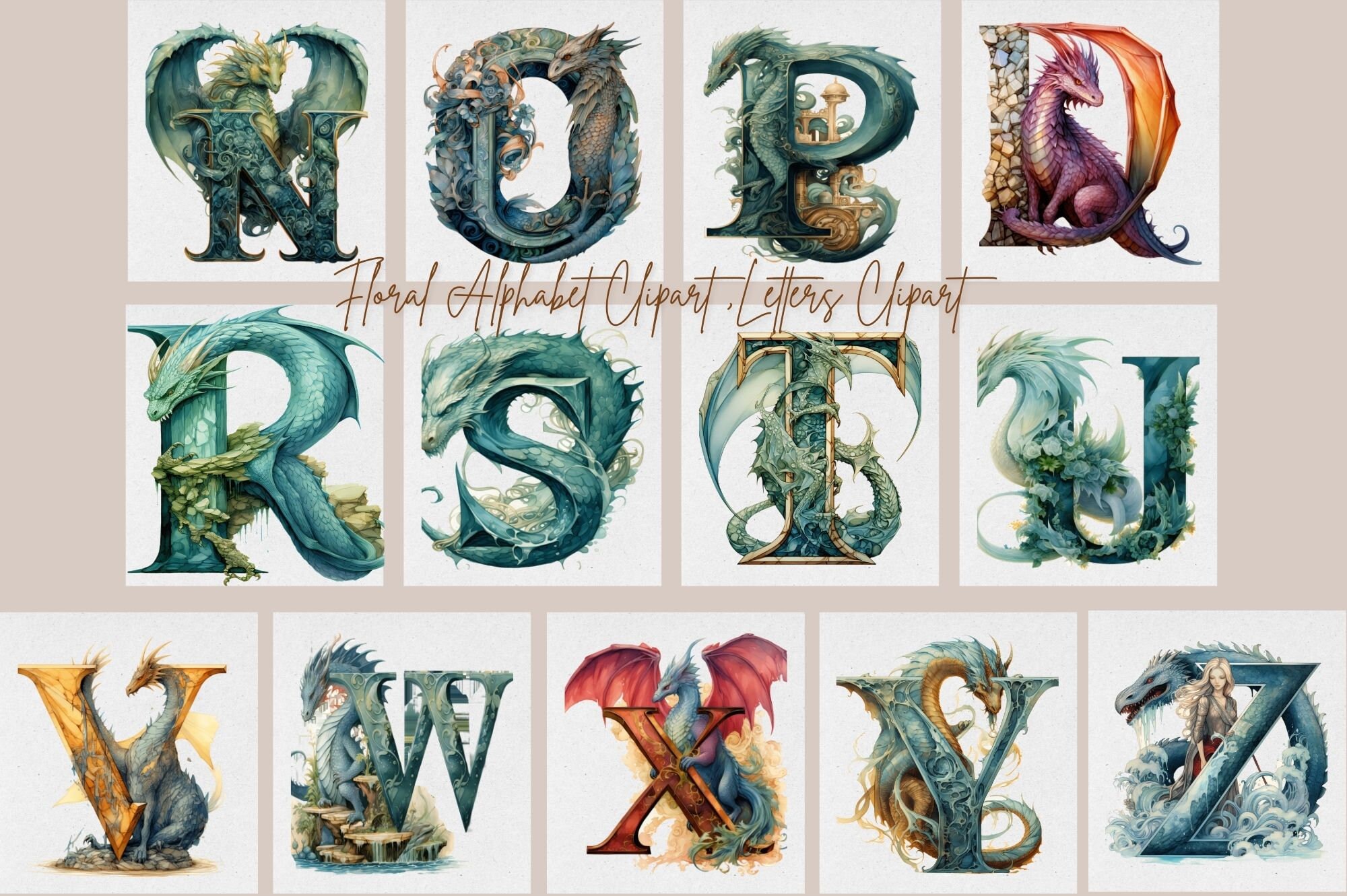 Dragon Themed Alphabet Clipart, Dragon Clipart ,celtic Alphabet ...