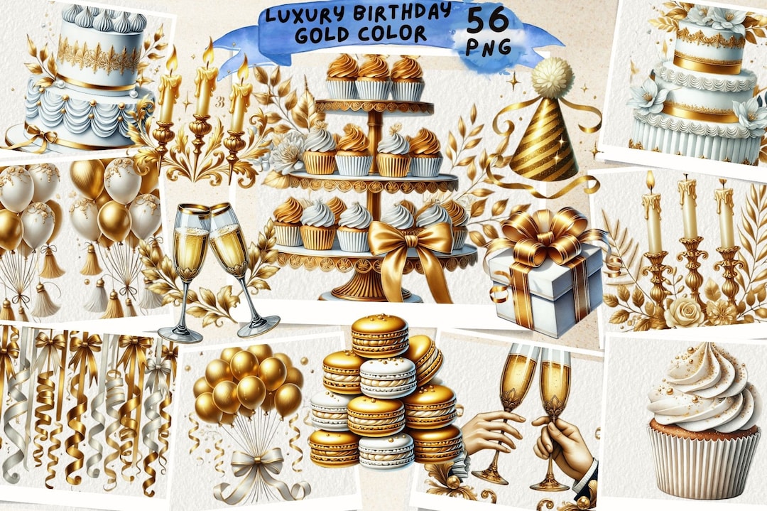 Gold Birthday Clipart, Happy Birthday, Gold Party Decoration, Golden ...
