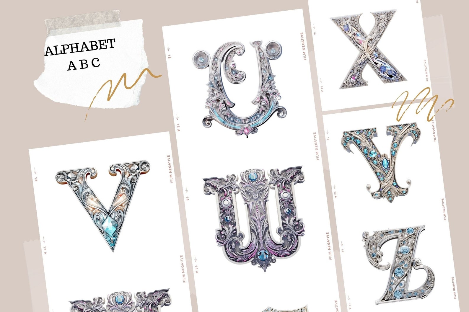 Platinum Iridescent Diamonds Alphabet , Gold Satin and Diamond Alphabet ...