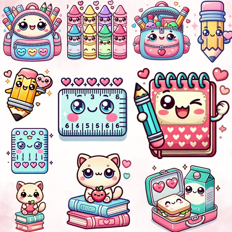 Kawaii Back to School Clipart: Teacher & School Supplies (PNG) - Etsy