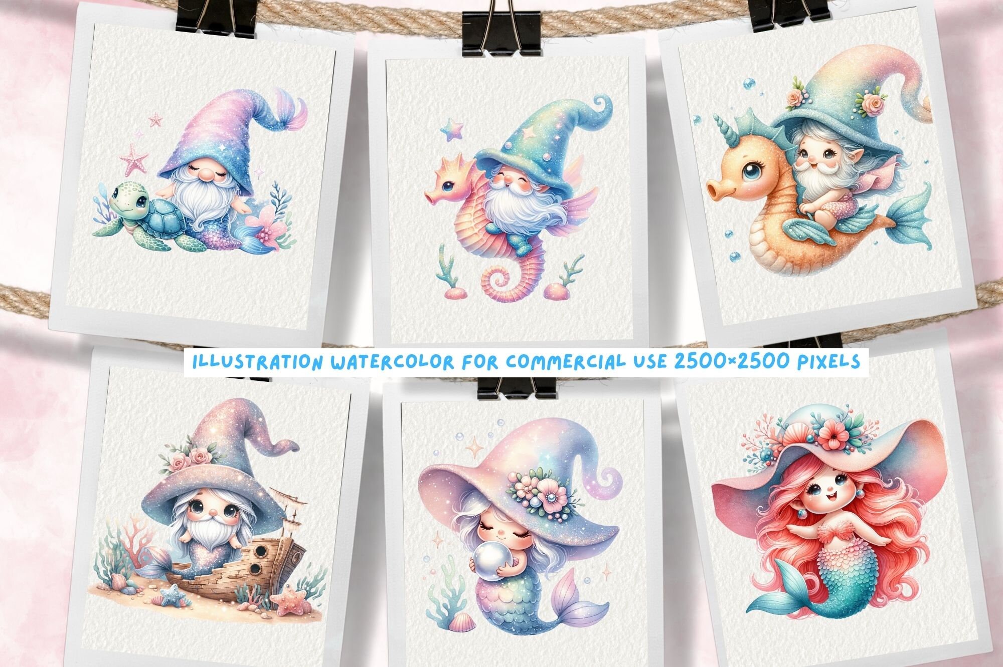 Gnome Mermaid Clipart, Watercolor Fairytale Clip Art, Nursery Decor ...