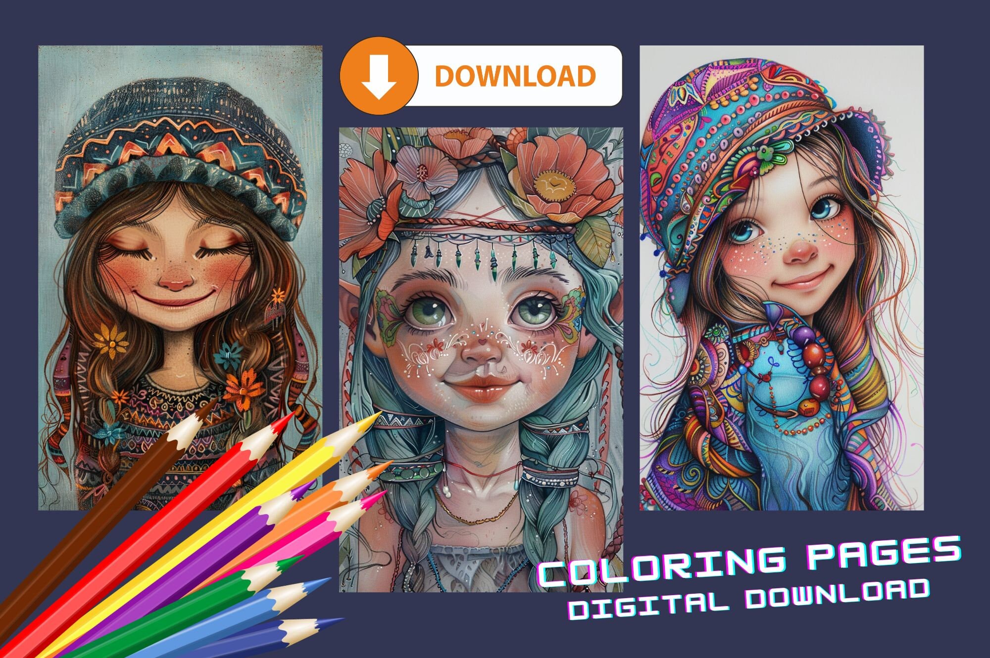 Cute Boho Girl Coloring Pages, Hippie Girl Floral Printable Coloring ...