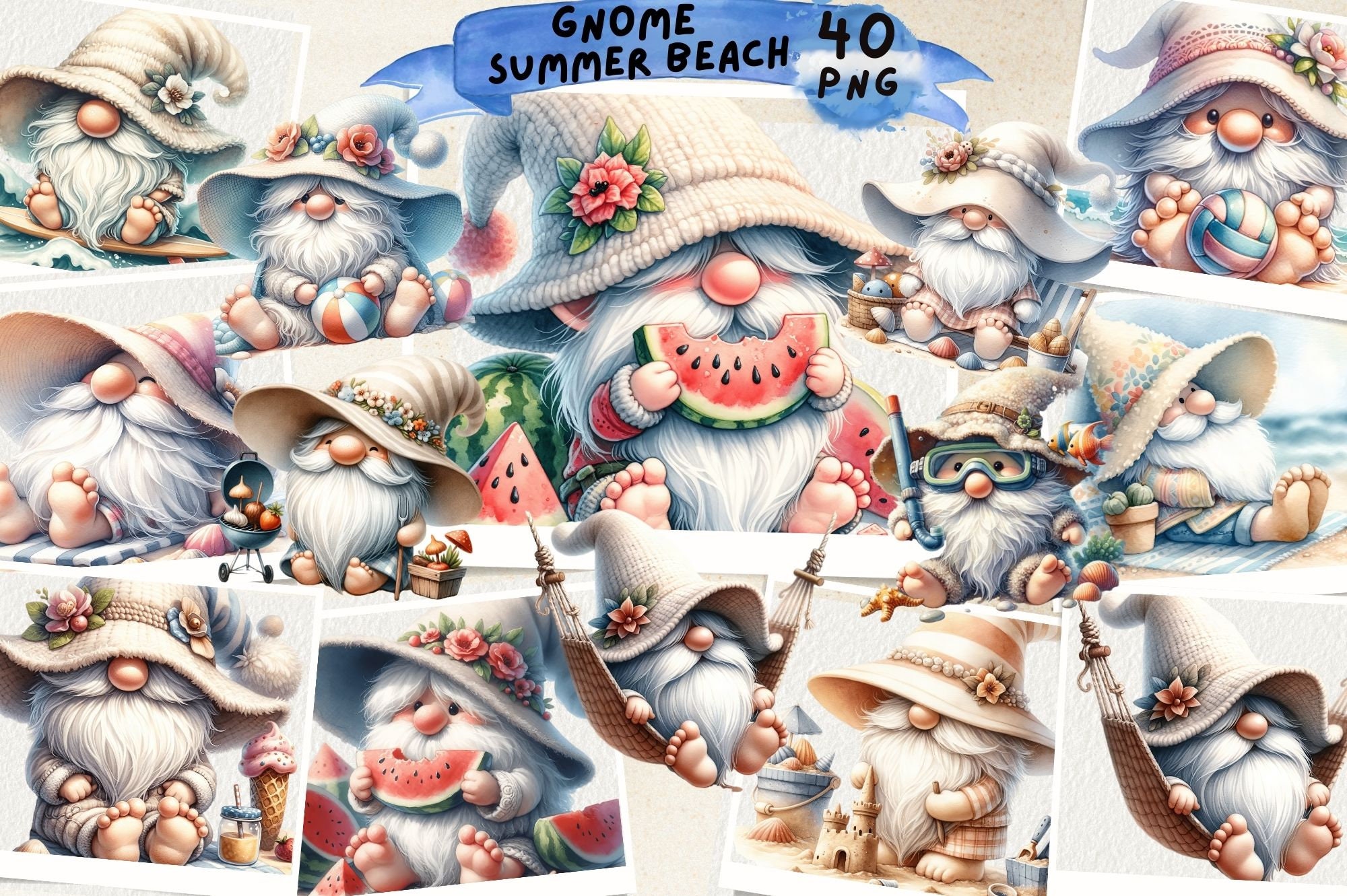 Summer Beach Gnome Watercolor Clipart, Summer Gnome, Seashell Starfish ...