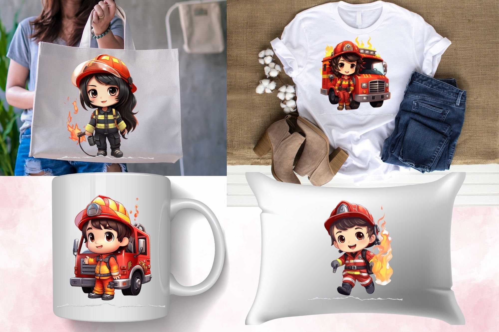 Cute Firefighter, Girl and Boy Chibi Clipart, Firefighter Png, Fire ...