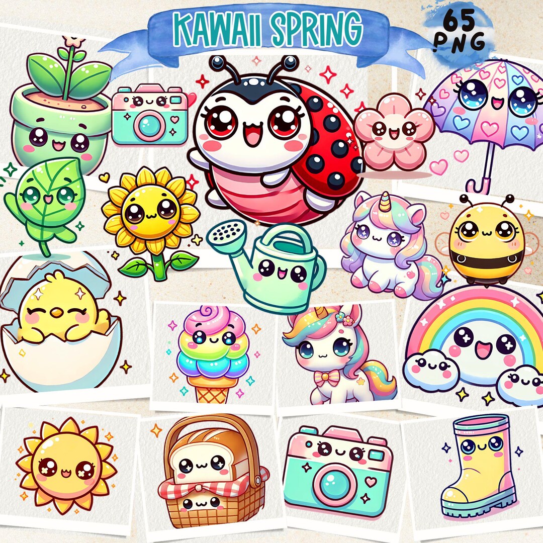 Kawaii Spring Clipart. Cute Flowers, Animals, Rainbows, Bunny, Bee ...