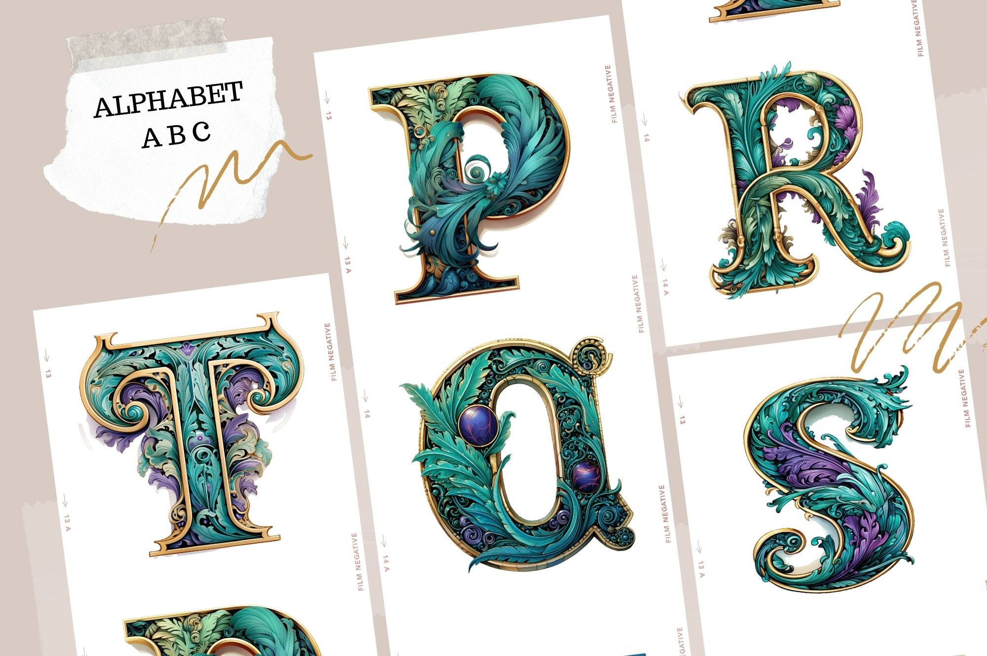 Gold Greens Alphabet, Celtic Alphabet, Letters Clipart, Ornate ...
