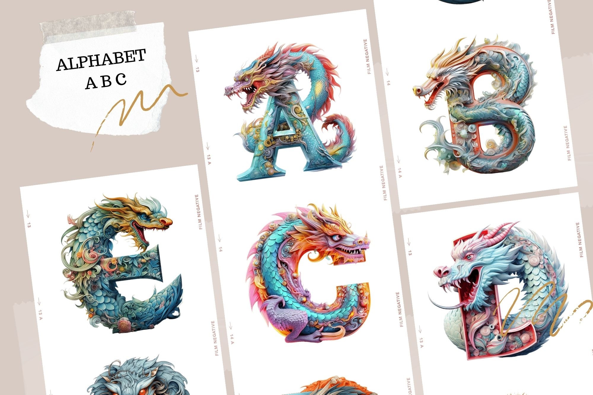 Chinese Dragons Letters Clipart Illuminated Fantasy Dragon - Etsy
