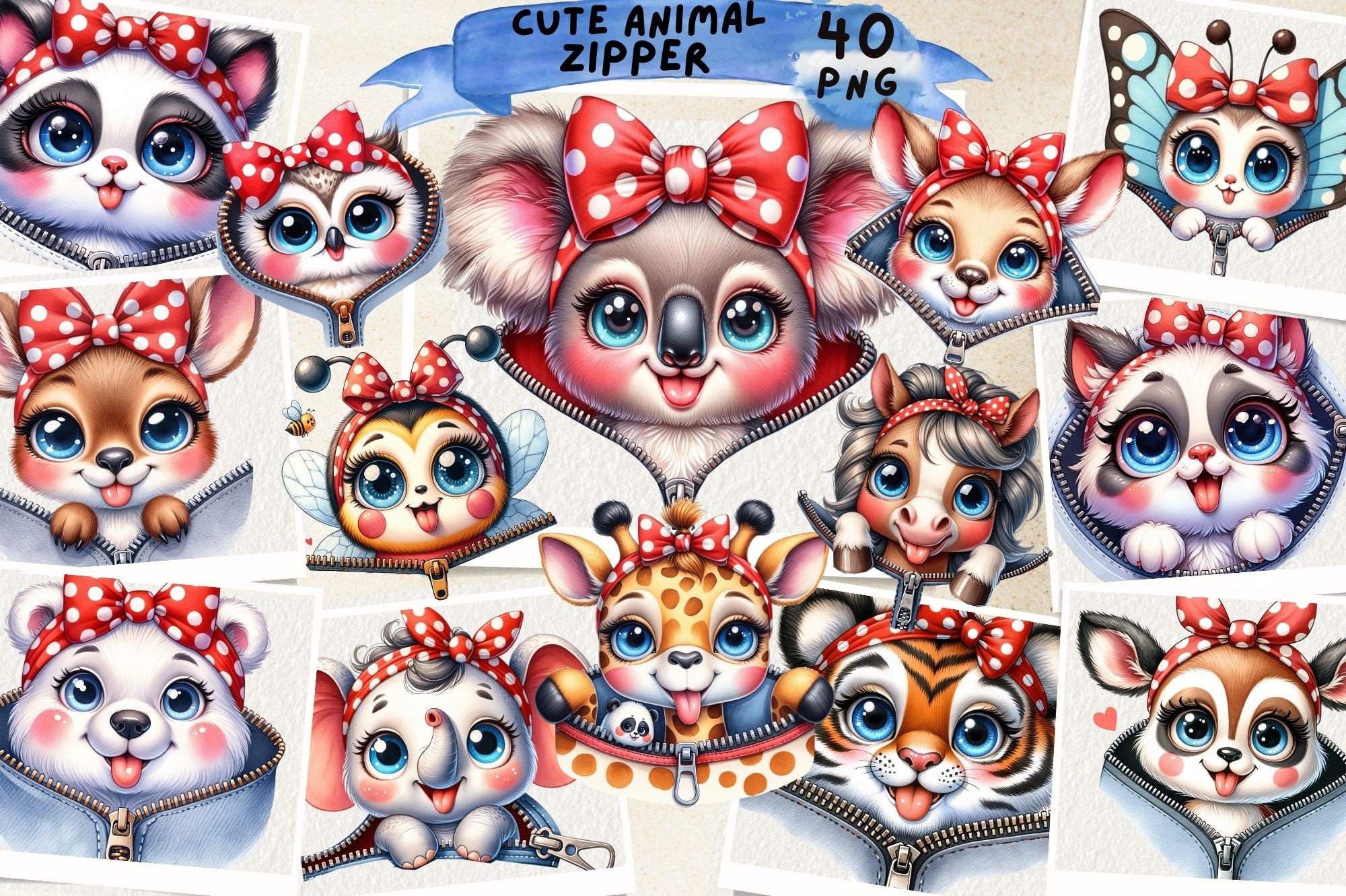 Cute Zipper Animals Clipart, Watercolor Baby Animals Graphics, Animals ...