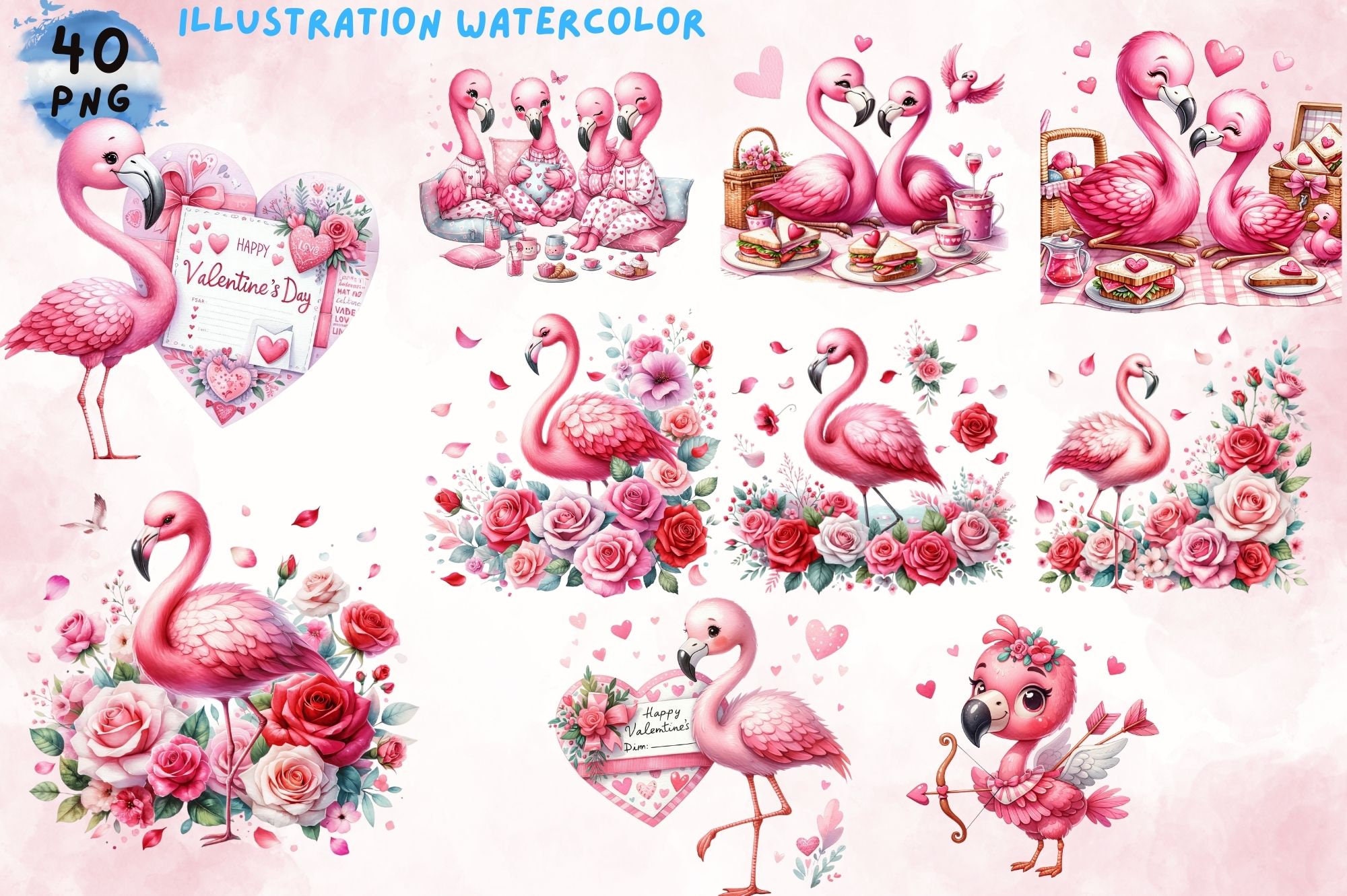 Valentines Flamingos Watercolor Clipart, Cute Valentine Flamingo ...