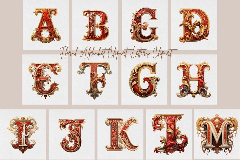 Art Nouvea Letters Clipart , Regal Red Gold Alphabet, Alphabet, Gold ...