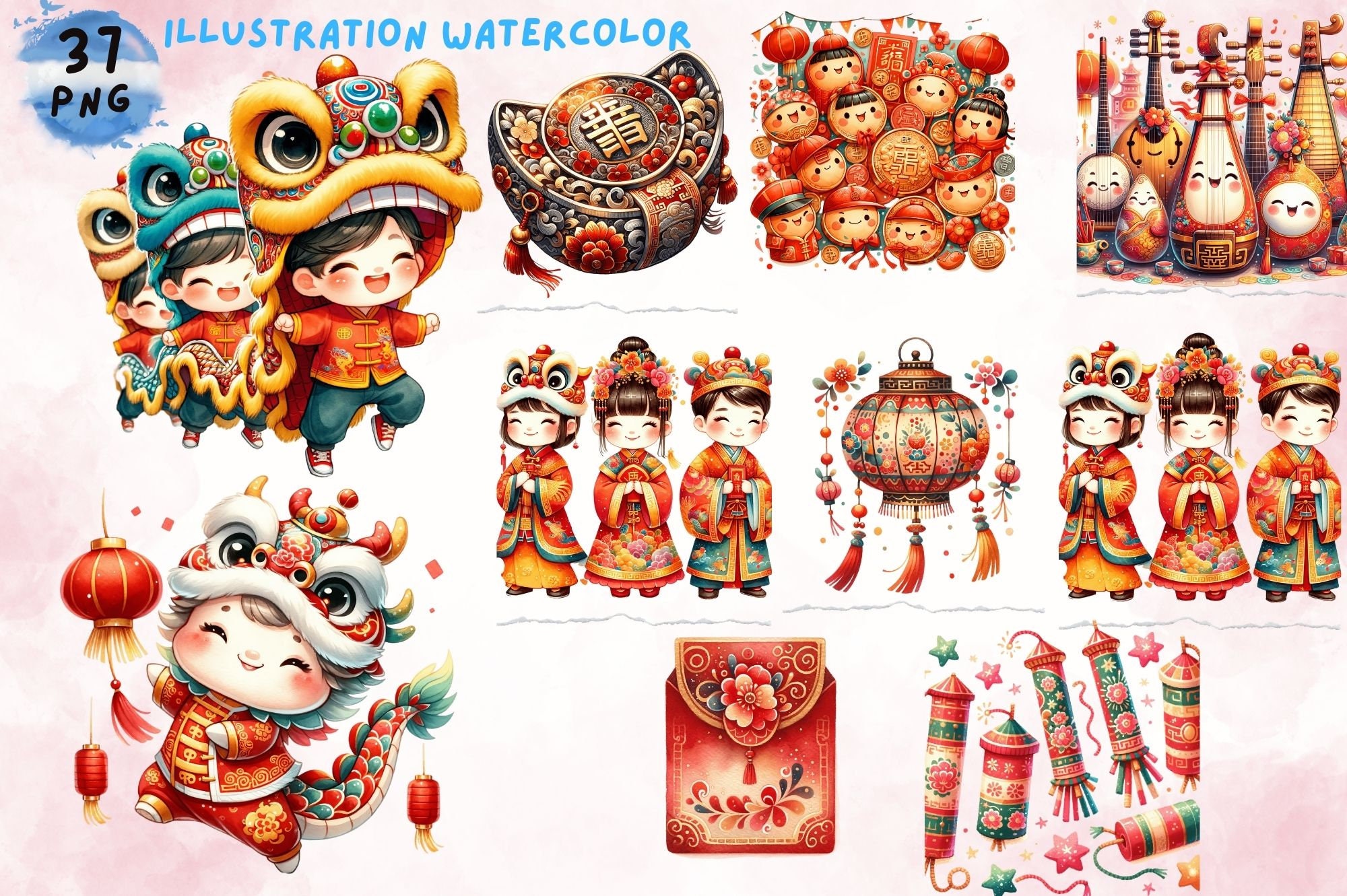 Cute Dragon Watercolor Clipart, Chinese New Year Clipart, Lion Dance ...